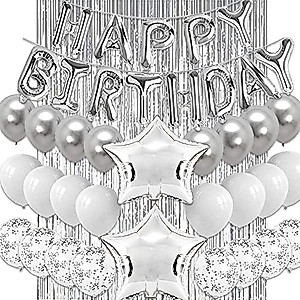 Silver Birthday Decorations,Silver Metallic Confetti Latex Balloons,Silver Happy Birthday Balloons Banner with 2Pcs Large Silver Star Foil Balloons,Silver Fringe Curtains Photo Booth Props