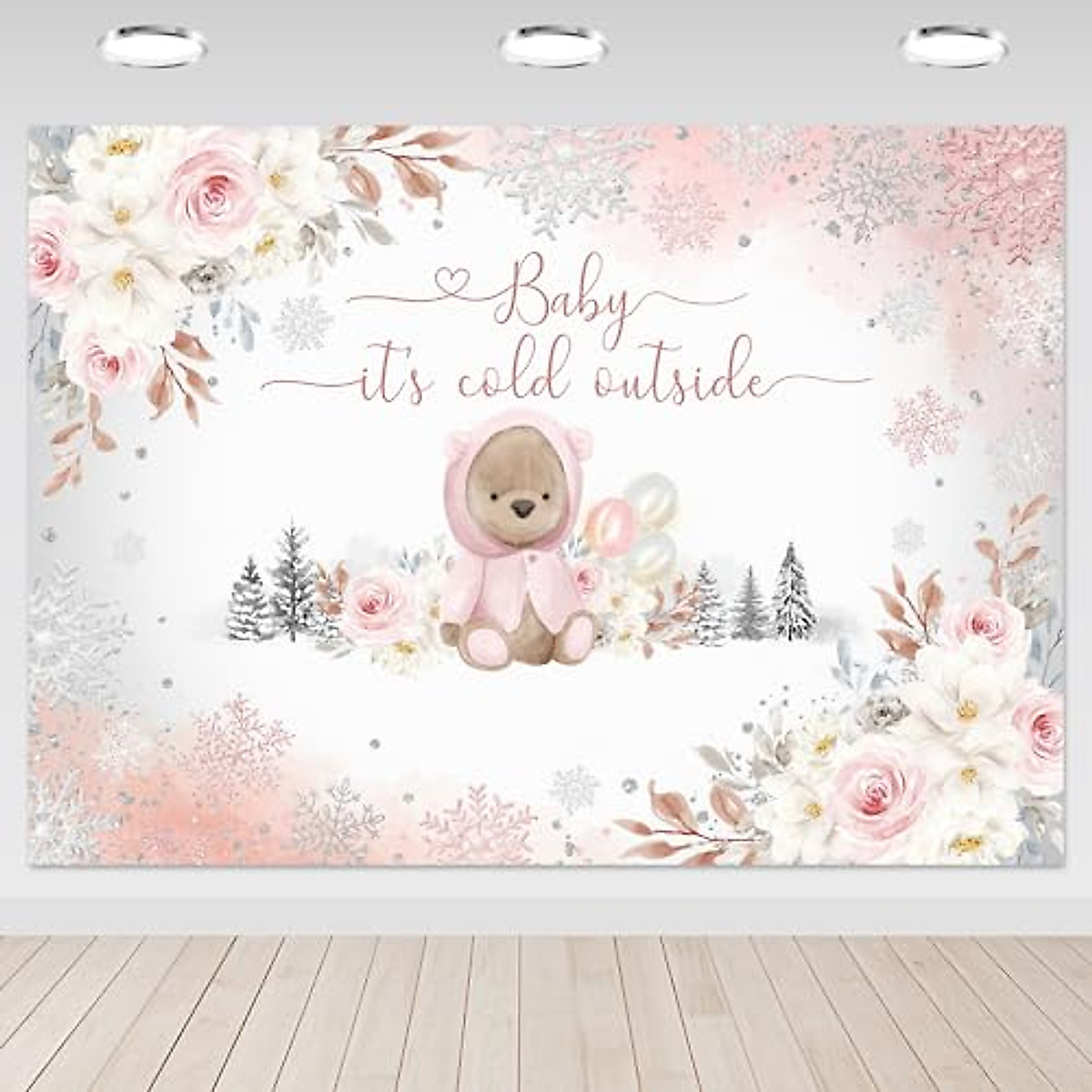 Avezano Winter Bear Baby Shower Backdrop for Girls Baby It's Cold Outside Party Decorations Photography Background We can Bearly Wait Pink Snowflakes Baby Shower Photoshoot (7x5ft)