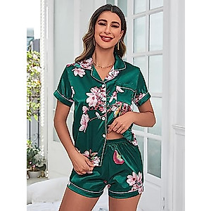 WDIRARA Women's Sleepwear 2 Piece Satin Floral Print Short Sleeve Shirt and Shorts Silk Pajama Set Green XL