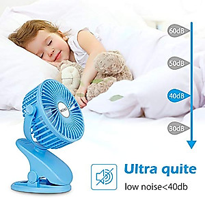 BRIGENIUS Clip on Stroller Fan, Battery Operated Portable Mini Desk Fan Rechargeable, USB Powered Clip Fan for Baby Stroller Office Outdoor Travel, Blue