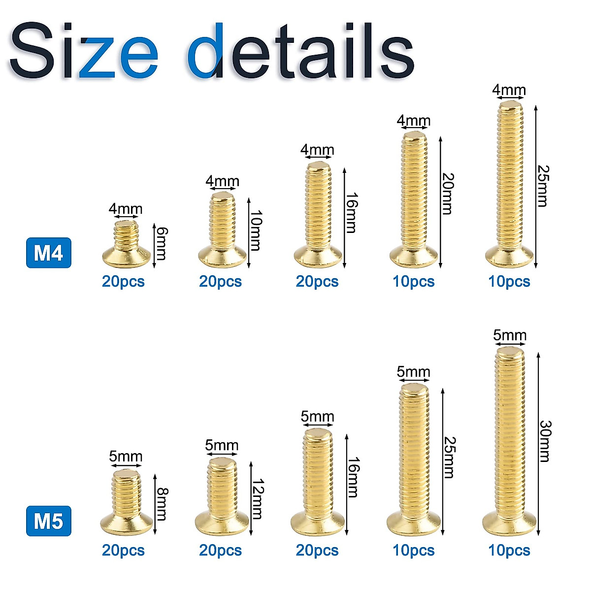 INCREWAY Machine Screws, 160 Pcs M4 M5 10 Sizes Brass Flat-Head Bolts Phillips Drive Machine Screws Assortment Kit