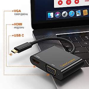 CableCreation USB C to HDMI VGA Adapter, Type C to VGA to USB C Thunderbolt 3 for Dual Monitor Adapter Compatible with iPhone 15 Plus/15 Pro Max, Galaxy S22 Ultra, MacBook Pro 2020, iPad Pro 2020