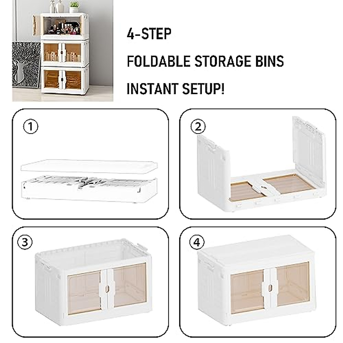 Hourleey 3 Pack Plastic Storage Bins with Lids, 19Gal Collapsible Closet Organizer Storage Boxes, Drawer Kitchen Cubes, Stackable Storage Bins, Foldable Blanket Storage with Door