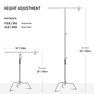 NEEWER C Stand with Boom Arm Pro 100% Stainless Steel, Air Cushion Heavy Duty Photography Light Stand Max Height 10.8ft/330cm, 4.2ft/128cm Holding Arm, 2 Grip Head for Monolight Softbox Reflector