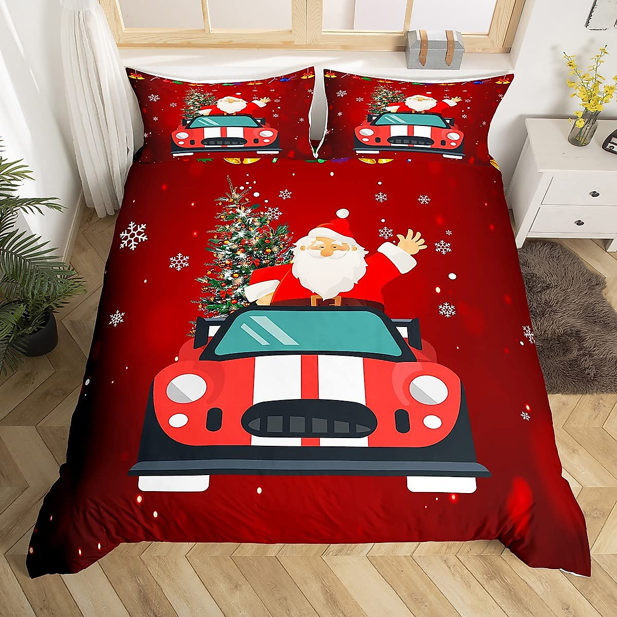 Christmas Kids Bedding Set Santa Claus Racing Car Duvet Cover for Boys Children Bedroom Decor Christmas Tree Comforter Cover Set Snowflake Xmas Theme Bedspread Cover Twin Size With 1 Pillow Case