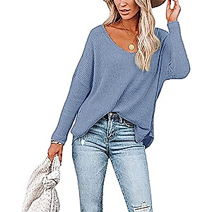 Fronage Womens Waffle Knit Tunic Tops V Neck Long Sleeve Casual Loose Pullover Blouses Shirts (Blue, Medium)