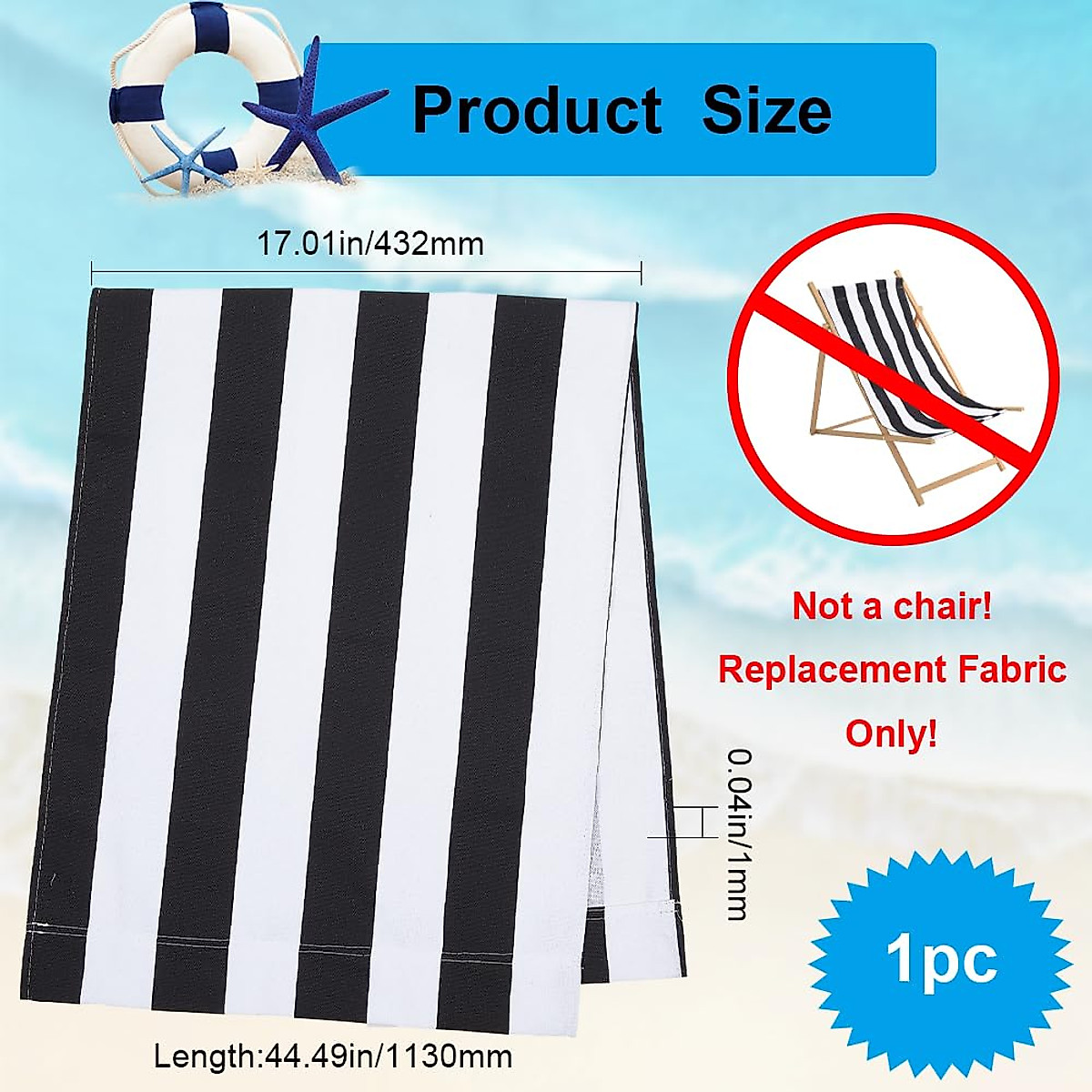 GORGECRAFT 44x17inch Beach Sling Chair Replacement Canvas 1mm Thick Black and White Stripes Outdoor Furniture Folding Sling Lounge Chair Fabric Patio Sling Chairs Cloth for Sunbathing Garden Courtyard