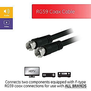 GE RG59 Coaxial Cable 25ft. (7.6m), Black, F-Type Connections Jacks, Low Loss, Double Shielded Coax Cable, Input/Output, Ideal for Antennas, DVR, VCR, Satellite to TV, 23210