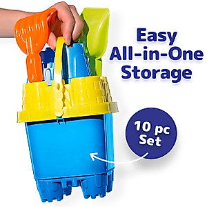 PREXTEX 10 Piece Beach Sand Toys Set for Kids - Bucket with Sifter, Shovel, Rake, Watering Can, 5 Animal and Castle Sand Molds for Kids & Toddlers - Sand Buckets and Shovels for Kids, Beach Toy Set