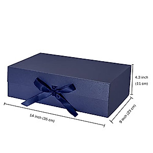 WRAPAHOLIC 2Pcs Navy Gift Box with Satin Ribbon, 14x9x4.5 Inches Collapsible Gift Box with Magnetic Closure for Party, Wedding, Gift Wrap, Bridesmaid Proposal, Storage