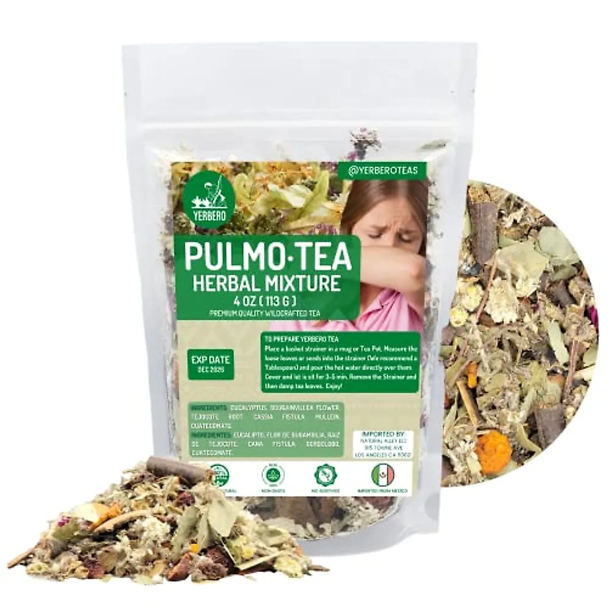 Yerbero - PulmoTea 4 oz (113g) | Herbal Mixture Tea - Soothes/Comforts Thoat | Eucalyptus, Tejocote Root, Mullein Leaf, Bouganvillia Flower, Cassia Fistula, Cuatecomate | 100% All Natural, non-GMO, Gluten-free.