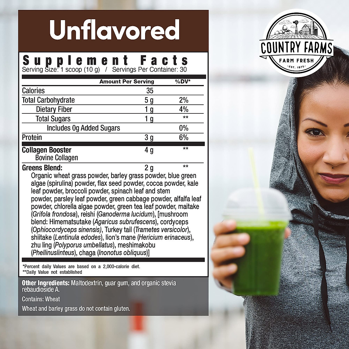 COUNTRY FARMS Collagen Peptides Powder with Greens Dietary Powder Supplement (Type I, III) for Skin Hair Nail and Joints, Dairy/Gluten/Sugar Free, Energizing Superfoods, 21.2 Oz, 60 Servings