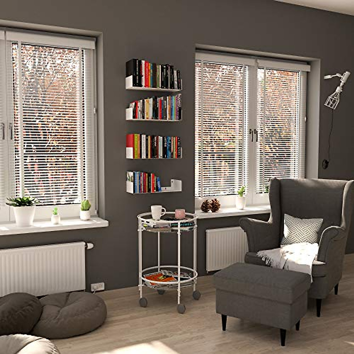 Wallniture Bali White Bookshelf and CD DVD Storage Shelf Set of 4, Metal Floating Book Shelves for Wall