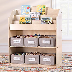 Guidecraft EdQ Book and Bin Browser Natural: 6 Fabric Storage Bins, Book Display and Toy Storage Organizer for Kids; School Supply Furniture