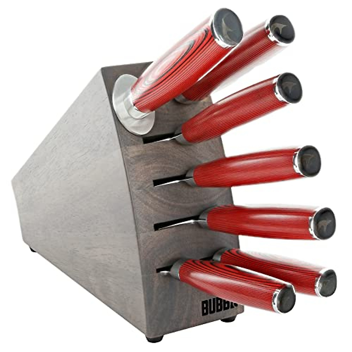 BUBBA Kitchen Knife Set for all your kitchen cutting needs with G10 Handles, Premium German Stainless Steel and a Parawood Knife Block.