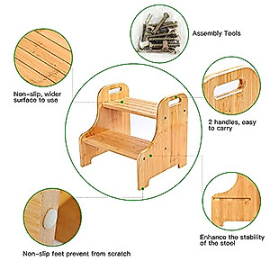 Bamboo 2 Step Stool with Non-Slip Step Treads and 2 Cutout Handles