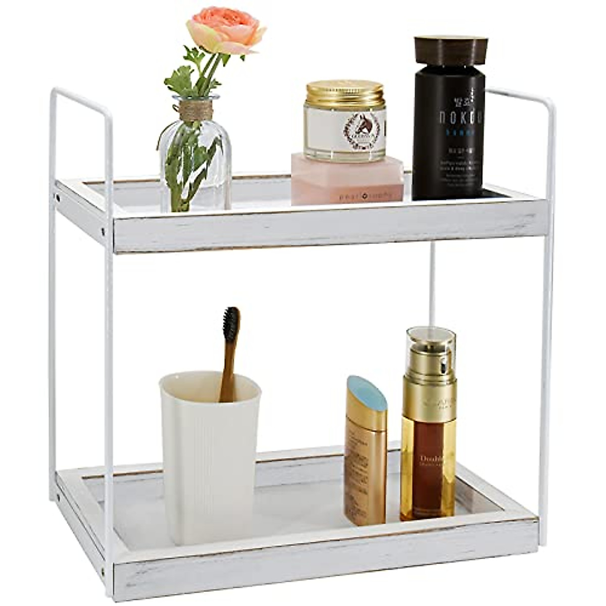2 Tier Bathroom Countertop Organizer, Counter Standing Rack Cosmetic Holder, Countertop Storage Shelf Cosmetic Organizer Holder, Detachable Kitchen Spice Rack Wire Basket Storage Counter Shelf