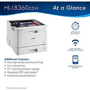 Brother HL-L8360CDW Wireless Single-Function Color Laser Printer - Print Only - USB, Ethernet, WiFi, NFC Connectivity, 2.7" Touchscreen LCD, 31 ppm, 600 x 2400 dpi, 1GB Memory, Auto Duplex Printing