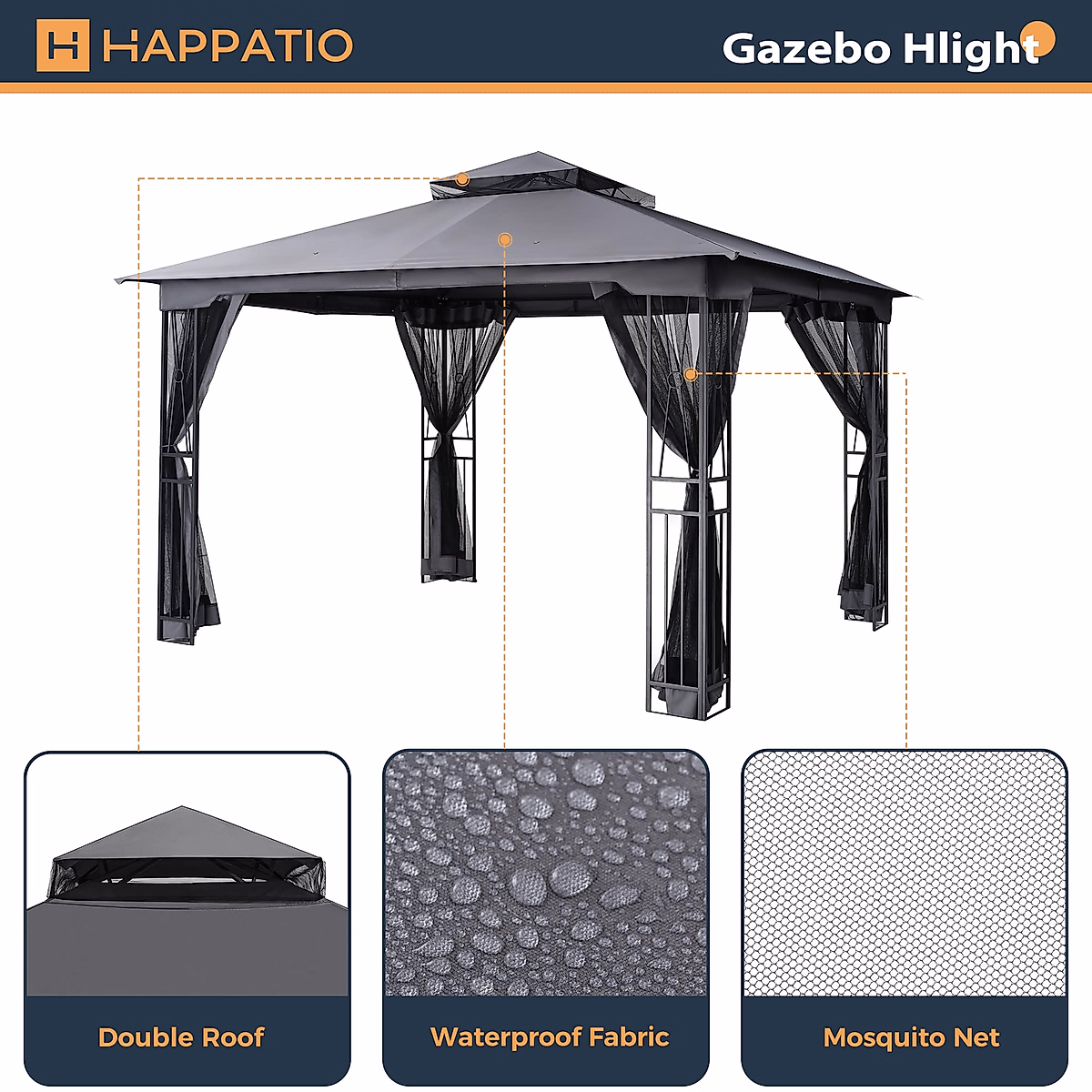 HAPPATIO 10' X 12' Patio Gazebo with Ventilation Double Roof，Outdoor Gazebo with Mosquito Netting for Lawn, Garden (Grey)