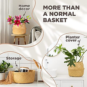 Yes4All Woven Seagrass Plant Basket, Handwoven Belly Basket For Plants, Wicker Planter Basket, Foldable Seagrass Belly Basket for Storage, Large Plant Baskets Indoor (Large Size 13.4 inches)