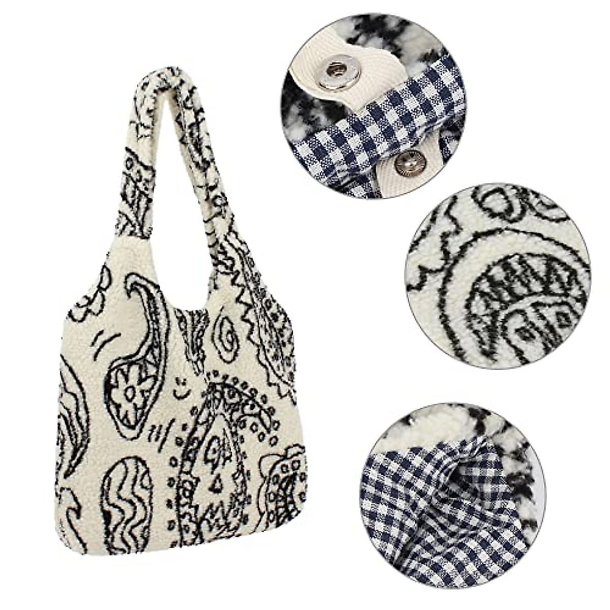 ZLM BAG US Plush Shoulder Handbag Retro Ethnic Style fluffy Tote Handbag Large faux Lamb Wool Shopping Bag