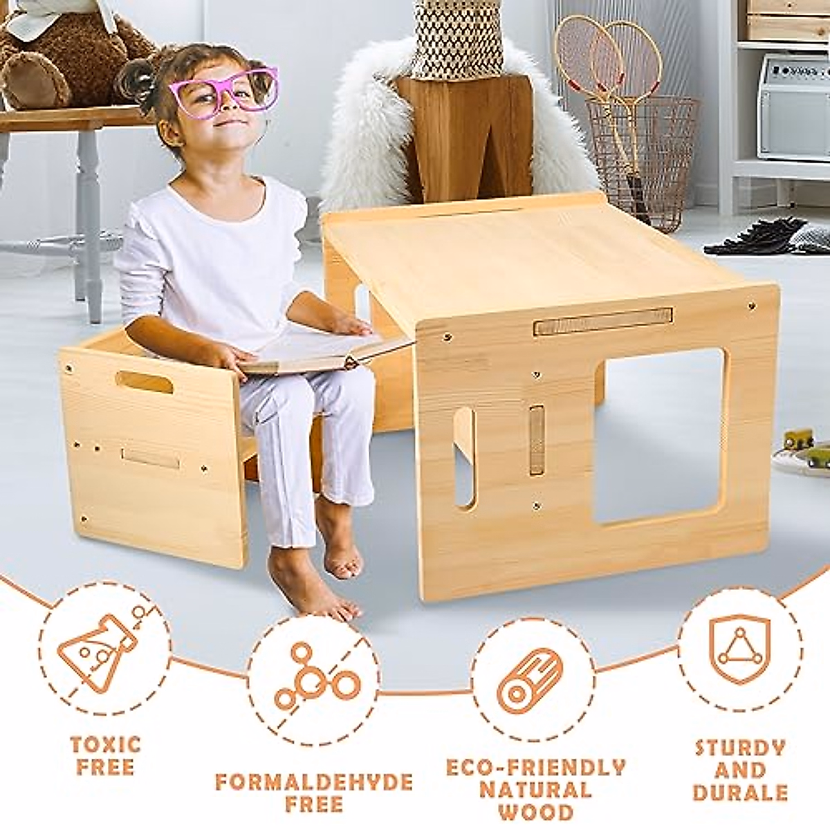 Montessori Weaning Table and Chair Set - Wood Weaning Table and 2 chairs, Solid Wooded Toddler Table, Cube Chairs for Toddlers, Kids Montessori Furniture for Arts & Crafts Snack Time Playing Study