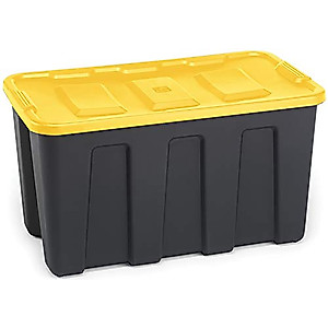 Homz 34-Gallon Durabilt Plastic Stackable Home Office Garage Storage Organization Container Bin w/Lid and Handles, Black/Yellow (2 Pack)