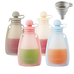 PandaEar Reusable Silicone Baby Food Pouches, 4 Pack Squeeze Pouches for Toddler Kids, BPA-Free Silicone Refillable Baby Food Storage, 5.5 oz