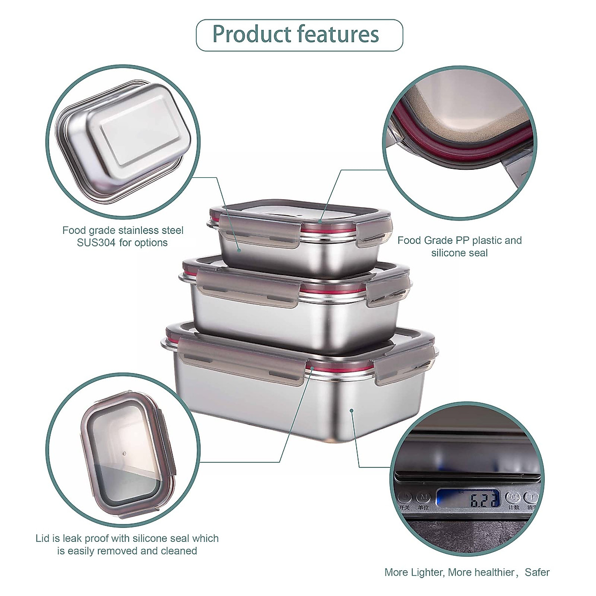 GC GENICOOK Stainless steel food storage containers leak proof & airtight lids for Kitchen,stainless steel bowl,meal prep lunch box,freezer and microwave safe,rectangular,reusable & stackable