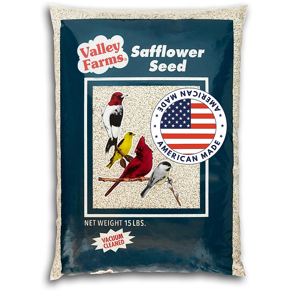 Valley Farms Safflower Seed Wild Bird Food for Outside Feeders, Safflower Bird Seed for Cardinals, Grosebeaks, and Buntings, Cardinal Bird Seed for Ourtside Feeders (15 LBS)