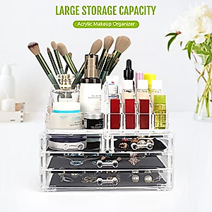 Unaone Clear Cosmetic Storage Organizer, Acrylic Makeup Organizer for Vanity Makeup Storage Organizer Display Cases, Lipstick Holder Organizer Stackable Cosmetic Organizer with 4 Drawers