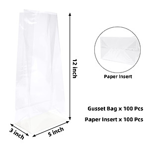 Yotelab Flat Bottom Cellophane Bags, 5x3x12 Inches Gusseted Cellophane Bags With Paper Insert,100 Pieces
