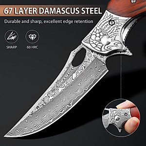 LOTHAR Damascus Pocket Knife for Men, 8.03" VG10 Folding Knife with Retro Leather Sheath,Sandalwood Handle, Classical Bolster, Lanyard Hole, EDC Knife Anniversaries, Christmas, elegant gifts for Men (Yellow)