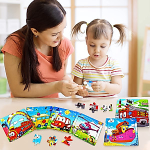 Puzzles Toys for Kids for Age 2-5, 9 Pieces Vibrant Wooden Animals & Vehicle Kids Educational Puzzles for Toddlers, Set of 6 Preschool Puzzle Autism Children Puzzles Learning Toys(6 Puzzles)