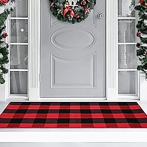 Christmas Door Mat Outdoor, Black Red Buffalo Plaid Outdoor Rug 23.6 x 51.2'' Front Door Mat, Washable Christmas Welcome Mat for Front Porch, Kitchen, Bathroom, Farmhouse, Entry Way, Laundry Room