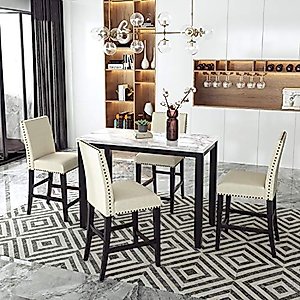 WOZNLA Room 5-Piece Modern Counter Height Set-Stylish Marble Veneer Table with Matching Chairs-Perfect for Home Kitchen Dining Experience, Beige