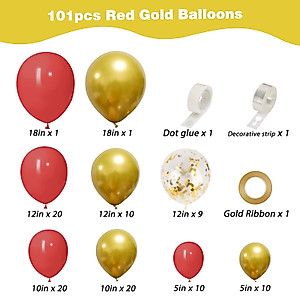 RUBFAC 101pcs Red Gold Balloons Garland Arch Kit with Gold Confetti Balloons for Celebration, Birthday, Wedding, Anniversary Party Decoration
