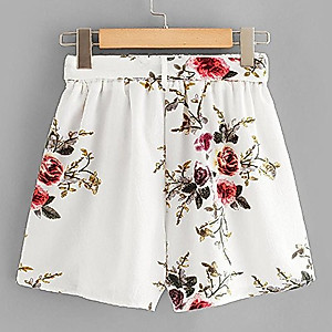 Fashion Print Shorts,THENLIAN Women Casual Belt Loose Hot Pants Lady Summer Beach Shorts Trousers(XL, White)