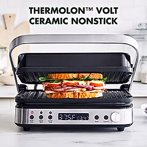 GreenPan Electric Indoor Stainless Steel 6-in-1 Contact Grill and Griddle, Healthy Ceramic Nonstick, Dishwasher Safe Reversible Plates, PFAS-Free