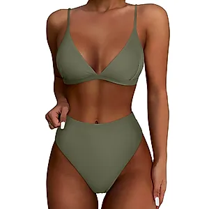 SUUKSESS Women High Waisted High Cut Bikini Sets Sexy Triangle Two Piece Swimsuits Push Up Bathing Suits (Army Green, M)