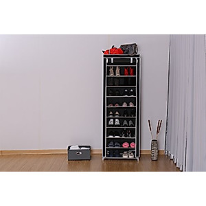 Homebi 10-Tier Shoe Rack 30 Pairs Shoe Tower Closet Shoes Storage Cabinet Portable Boot Organizer with Dustproof Non-Woven Fabric Cover and 10 Durable Shelves (Black) (Black)