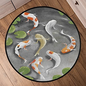 Traditional Fish Round Area Rug, Japanese Koi Fish Non-Slip Circle Rug for Bedroom Living Room Outdoor Study Playing Floor Mat Carpet, 5.2' Diameter