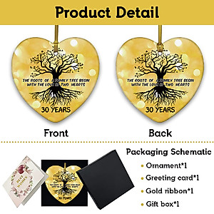 REWIDPARTY 30th Wedding Anniversary Ornament Family Tree Decoration 30 Years as Mr & Mrs Heart Keepsake Married Anniversary for Couple Gifts 3" Heart Ceramic Ornament with Gold Ribbon & Gift Box
