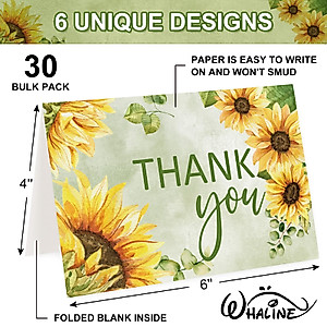 Whaline Sunflower Thank You Cards Bulk 30 Pack Watercolor Thank You Note Cards with Matching Seal Stickers Envelopes Spring Summer Floral Greeting Cards for Baby Shower Wedding Bridal Birthday Party