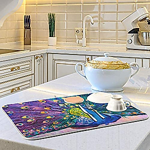 Painting Beautiful Peacock Animal Dish Drying Mat 24"x18" Absorbent Machine Washable Hanging Fast Dry Pad Dish Protective Mat for Kitchen Countertop Heat Resistant Dinner Table Mat