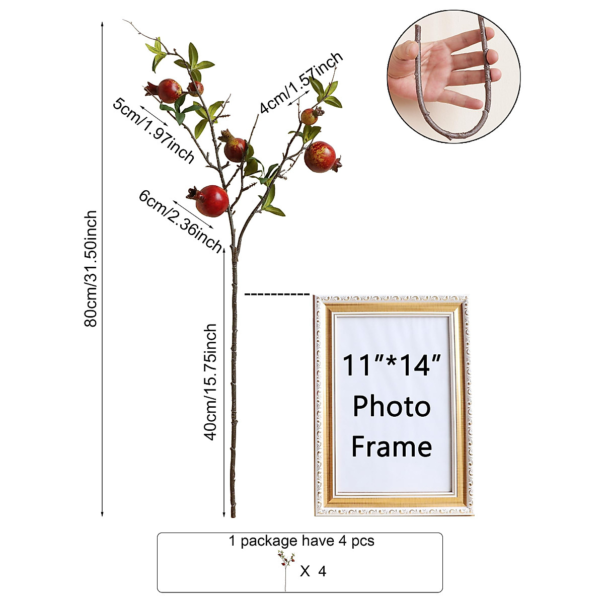 Forlaoers 4pcs 31" Tall Red Berries Pomegranate Faux Plants Stem Fake Tree Branches with Fruits Leaves Artificial Flowers for Outdoors Home Decor Office Fall Wedding Engagement Party Decorations