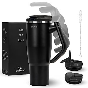 SKETORA 32oz Insulated Tumbler with Rotatable Handle and Flip Straw Lid - Stainless Steel Travel Mug for Hot & Cold Drinks, Midnight Matte Black