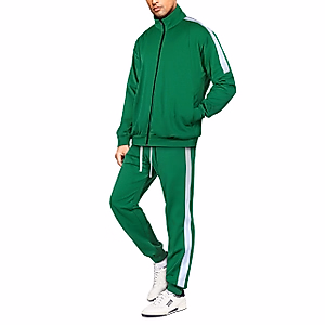 Hat and Beyond Mens Comfort Athletic USA Made Striped Athletic Casual Running Workout Sweat Suit Combo Oversized Tracksuit (Small, Kelly Green/White Set)