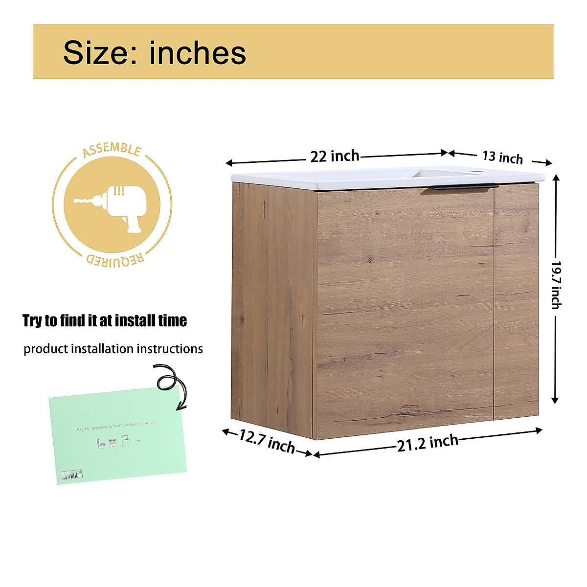 Malwee 22" Floating Bathroom Vanity with Sink, 22 Inch Single Sink Wall Mounted Bathroom Vanity, with 1 Door and White Ceramic Basin Sink Top (002-22)