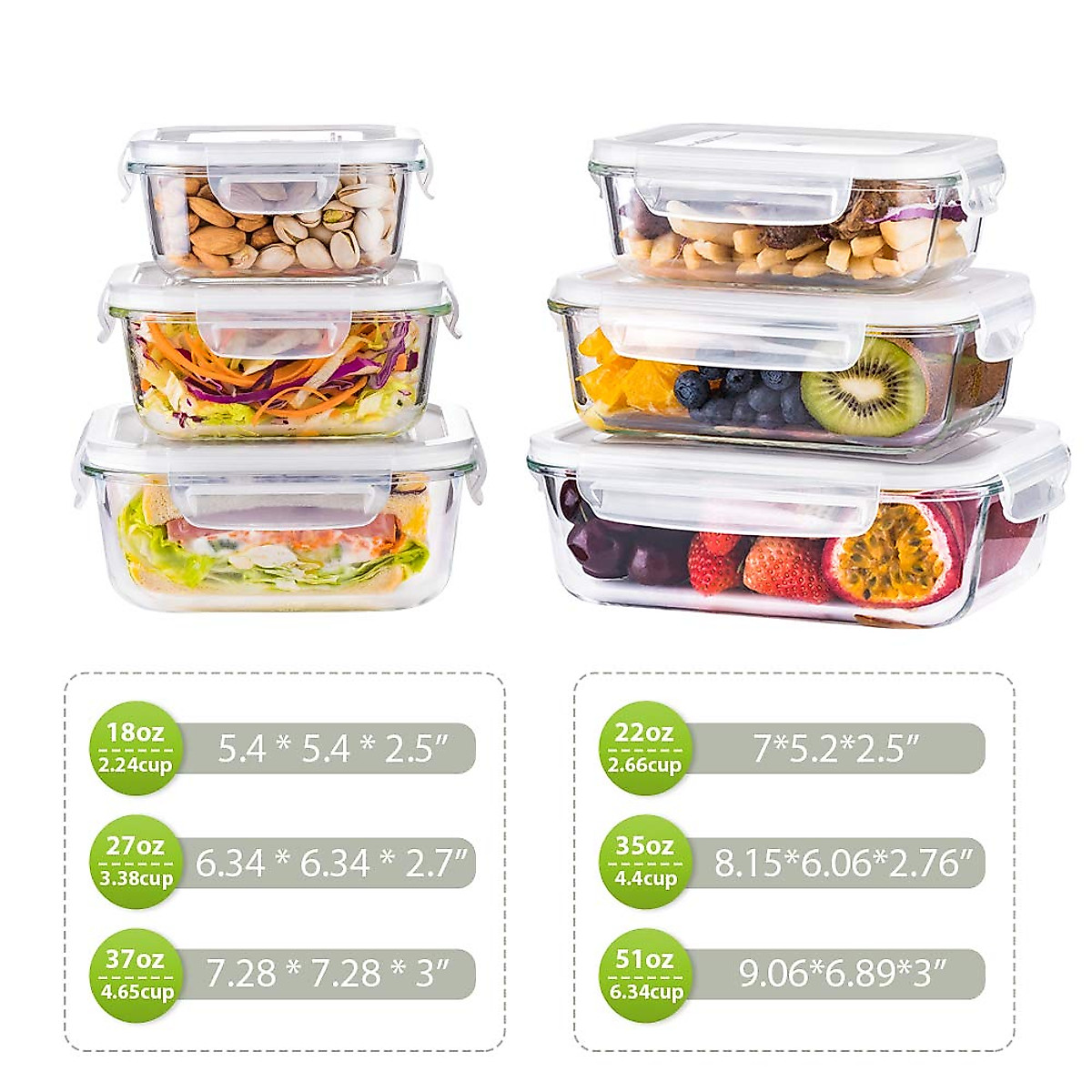 HOMBERKING Large Glass Food Storage Containers with Lids, [12 Piece] Glass Meal Prep Containers, Airtight Glass Bento Boxes, BPA Free & Leak Proof (6lids & 6Containers)(Square & Rectangle)- White